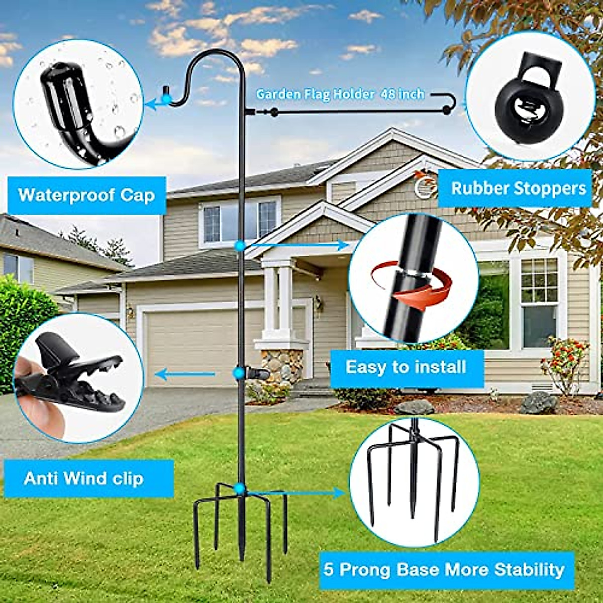 Garden Flag Holder Stand and Shepherds Hooks, 48 Inch Height with 1/2 Inch Thick Metal Garden Flag Pole-Outdoor Lawn Yard Flag Holder Stake for Small Flag 12x18, Solar Lights-Mini Flag Holder (1)