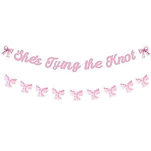 Cheereveal Bow Themed Bridal Shower Decorations Set, Pink She’s Tying the Knot Banner Sign and Bow Garland for Coquette Princess Bachelorette Wedding Engagement Party Decor Supplies