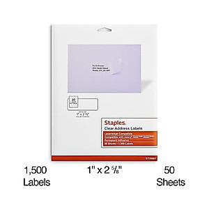 Staples 573950 Laser/Inkjet Address Labels 1-Inch x 2 5/8-Inch Clear 30 Labels/Sheet