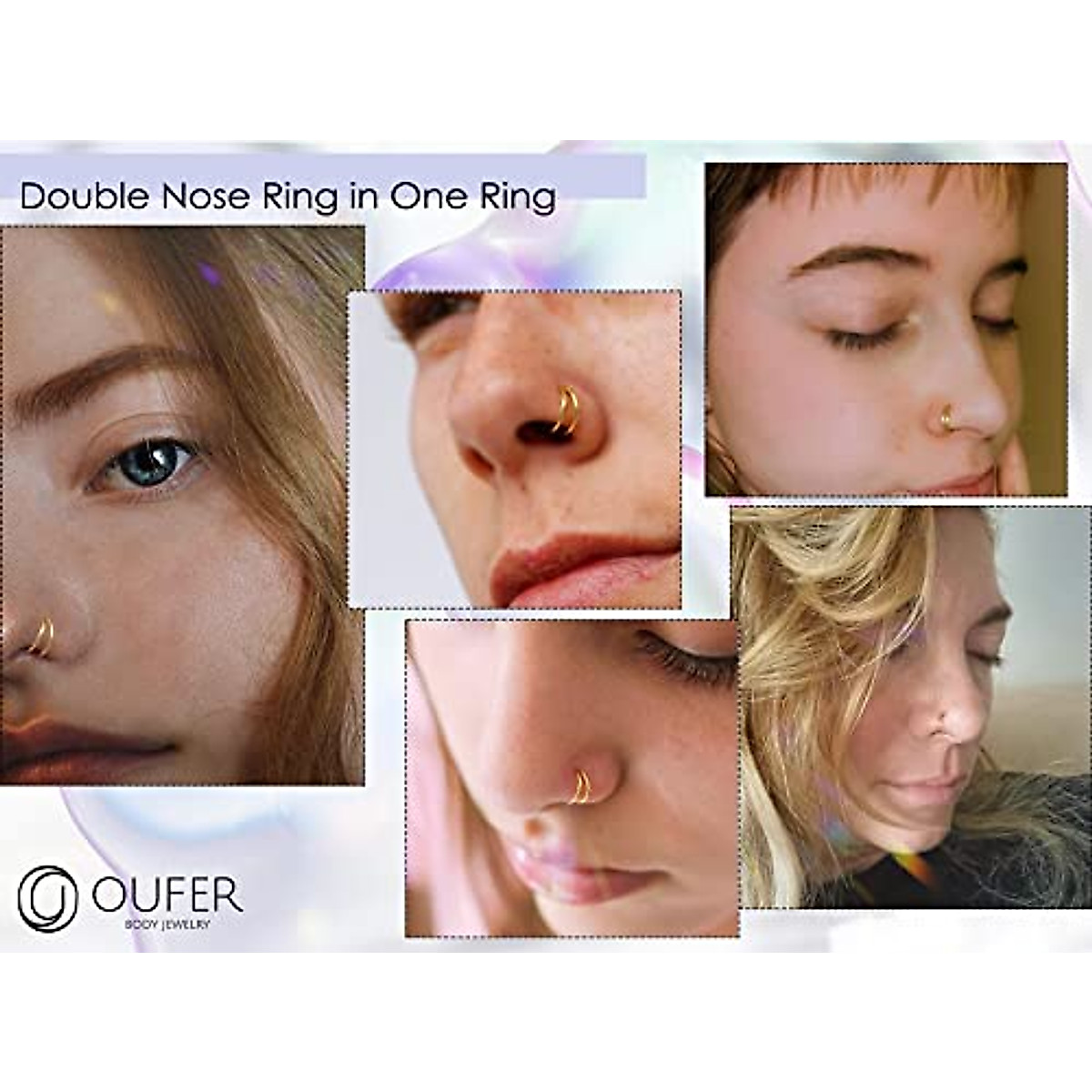 OUFER 20G Nose Rings Hoops, 9K Solid Gold Double Row Nose Rings, Seamless Open Cartilage Earrings, Nose Piercing Jewelry for Women and Men