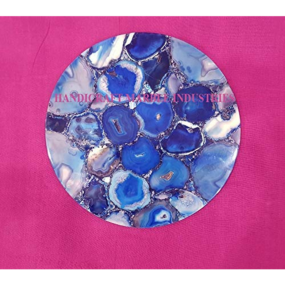 24" Inch Round Blue Agate Coffee Table with Metal Base, Blue Agate Stone Table, Blue Agate Stone Centre Table, Agate Round Corner Side Table Home Decor, Piece Of Conversation, Family HeirLoom