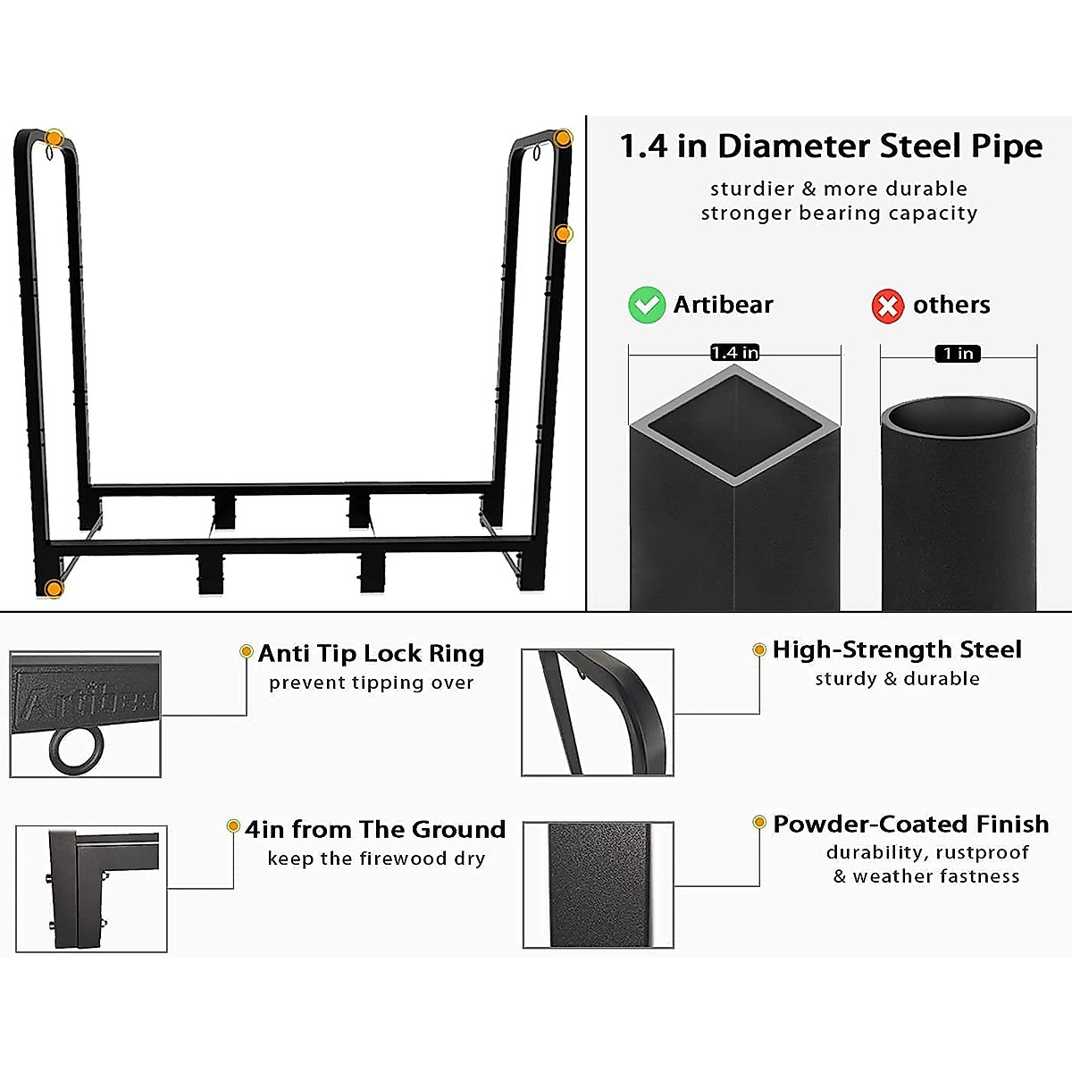 Artibear 4ft Heavy Duty Upgraded Outdoor Firewood Rack With Wood Holder Cover For Indoor Storage Log