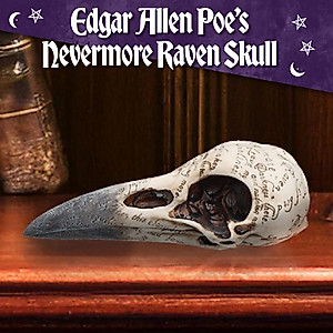 Nemesis Now Edgar's Raven Skull Figurine, Gothic Decor, Bird Skeleton, Hand-Painted Resin, Edgar Allan Poe Themed Ornament with Engraved Poem, 21cm