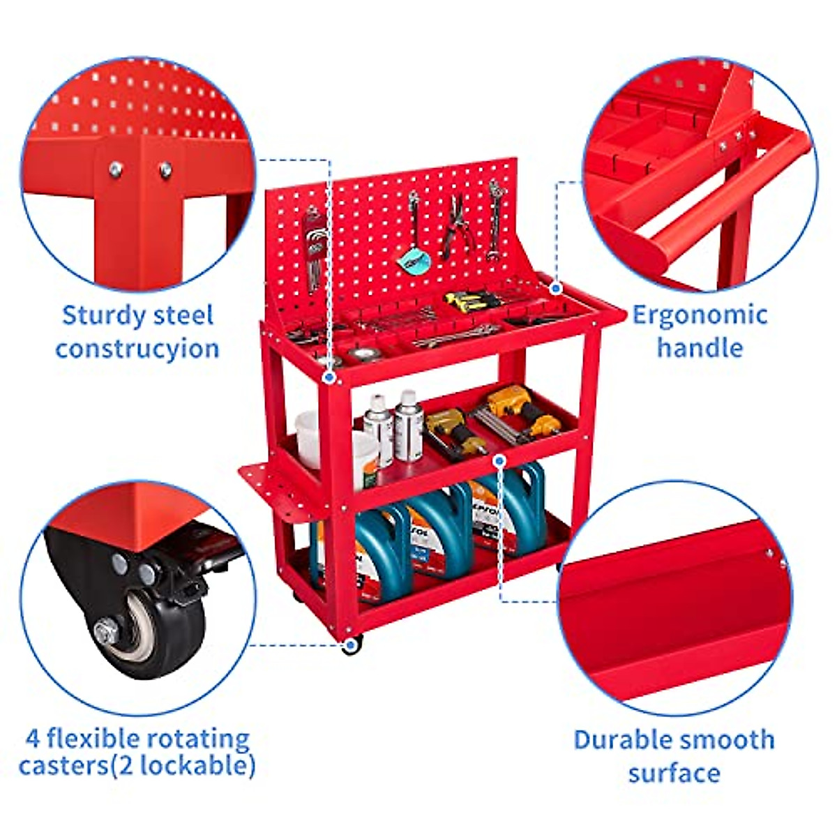 3 Tier Rolling Tool Cart on Wheels,330 LBS Capacity Heavy Duty Metal Utility Cart Wagon,Industrial Commercial Service Tool Cart Storage Organizer for Mechanics, Garage, Warehouse & Repair Shop