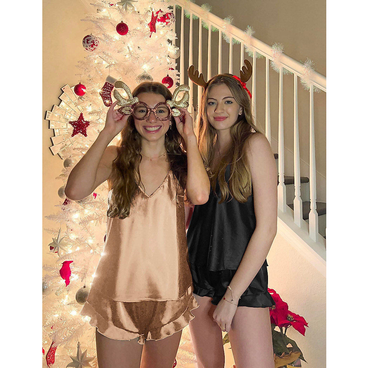 Ekouaer Satin Pajama Set for Women Silk Pjs for Women Set Camisole Top and Shorts with Ruffle Sleepwear Beige