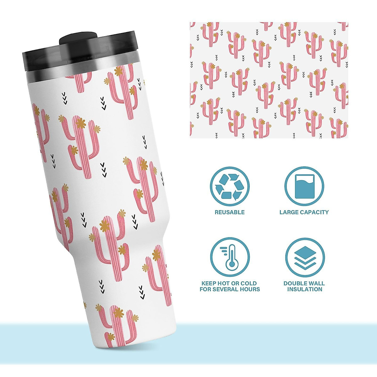 Yasala Car Tumbler with Handle Pinks Wild Cactus Travel Mug Coffee Cup Insulated Beverage Container Mega Cup for Hot Cold Drinking Thermos Water Bottle Cupholder Friendly 40 oz