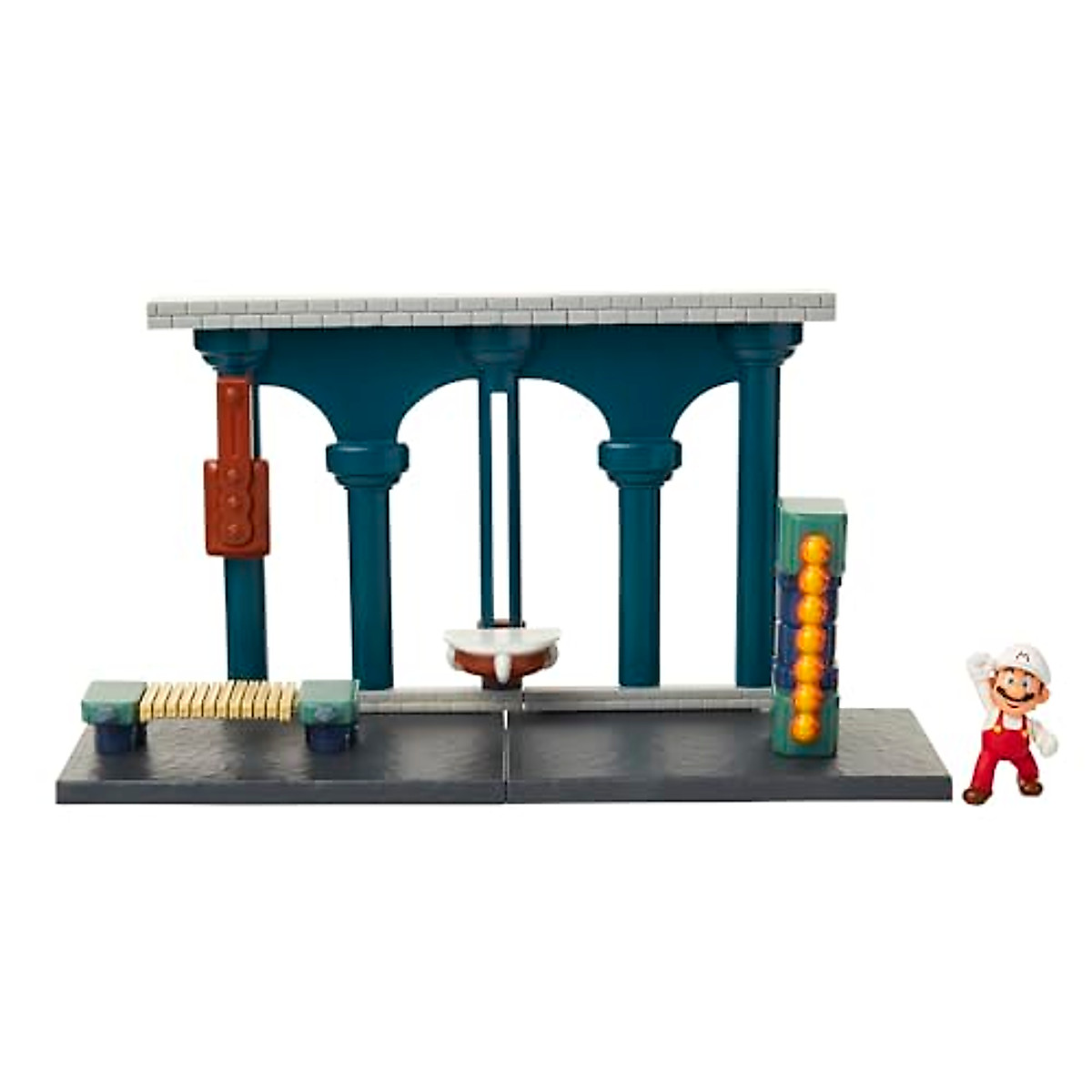Nintendo Super Mario Lava Castle Deluxe Play Set, Includes: 2.5” Fire Mario Figure & Mechanical Features, Spinning Fireballs Tower, Swinging Pendulum, Bone Lift & Bridge