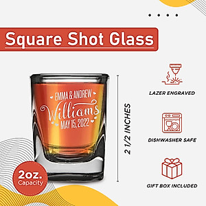 (Set of 2) Personalized Wedding Engraved Square Heavy Base Prism Shot Glass 2 oz. with Gift Box, Custom Names and Date, Gifts for Bride and Groom (Last Name)