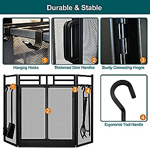 AMAGABELI GARDEN & HOME 3 Panel Folding Fireplace Screen with Doors Large Flat Guard Tools Outdoor Metal Decorative Mesh Solid Wrought Iron Fire Place Wood Burning Stove Accessories Black