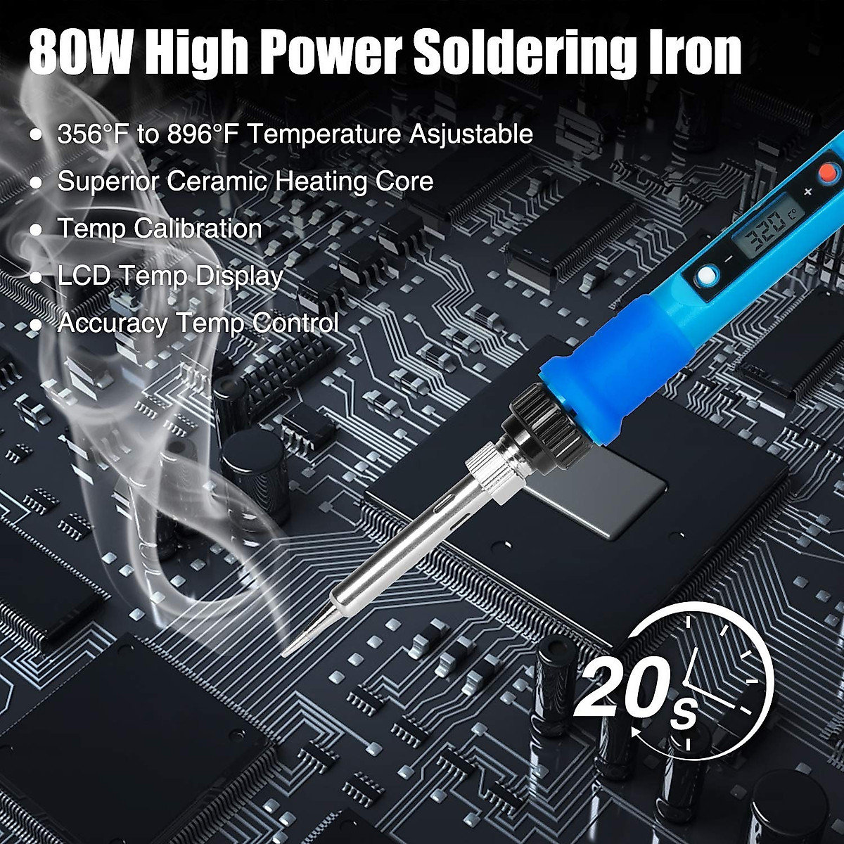 LCD Digital Soldering Welding Iron Kit with Ceramic Heater,5pcs Tips, Stand, Solder Tube, Sponge for Metal, Jewelry, Electric, DIY, Portable, 80W 110V