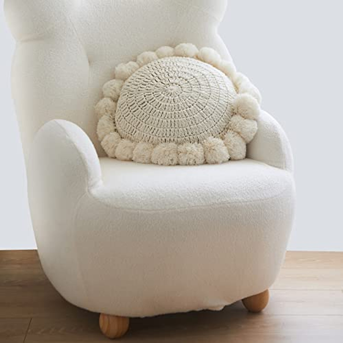 Boho Round Throw Pillow with Cute Handmade Pom Poms Tassels 18 Inch, Decorative Circular Knitted Crochet Cushion for Couch, Sofa, Chair, Bed, Beige