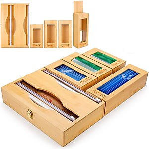 Jchccu Individual Plastic Wrap Dispenser with Cutter, Ziplock Bag Organizer Storage for Kitchen Drawer Organization, Bamboo Foil and Plastic Wrap Organizer, Storage Bag Organizer