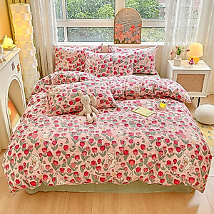 LIWHENHAO Rabbit Duvet Cover Set Queen 100% Cotton Bedding Cartoon White Bunny Red Flower on Pink 1 Cute Comforter Cover Full Zipper Closure 2 Pillowcases for Kids Girls Boys Woman