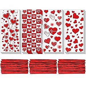 100 Pieces Valentines Day Cellophane Treat Bags Heart Cello Gift Bags Love Candy Goodies Cookie Bags with 200 Pieces Twist Ties for Wedding Holiday Valentine Party Favors Supplies