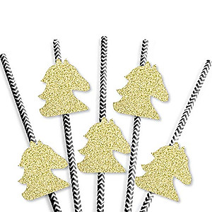Gold Glitter Horse Party Straws - No-Mess Real Gold Glitter Cut-Outs and Decorative Kentucky Horse Derby Horse Race Party Paper Straws - Set of 24