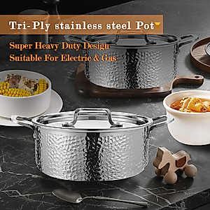 Vivicreate Tri-Ply Stainless Steel Stockpot, Deep Cooking Pot with Lid, Hammered Exterior, Silver (4 Quarts)