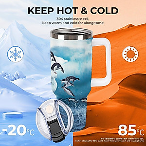 Niapessel Leak Proof Tumbler, Insulated Water Bottles with Straw, Penguin Group Into Ocean Insulated Cup with Handle 40 Oz Stainless Steel Flask for School, Travel, Car, Sports, Work