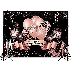 InMemory Rose Gold Birthday Backdrop for Women Girls Happy Birthday Photography Background Glitter Balloons Champagne Heels Black Gold Sequin Dots Decorations Sweet Bday Party Photo Booth Banner 7x5ft