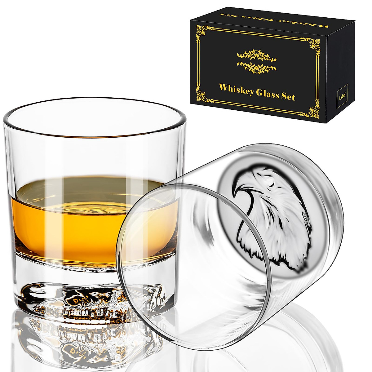 PARACITY Whiskey Glasses, Eagle Pattern Thick Bottom, Old Fashioned Glasses for Scotch, Whiskey, Gin, Vodka, 10.6oz Whiskey Glasses Set of 2, Gift for Men