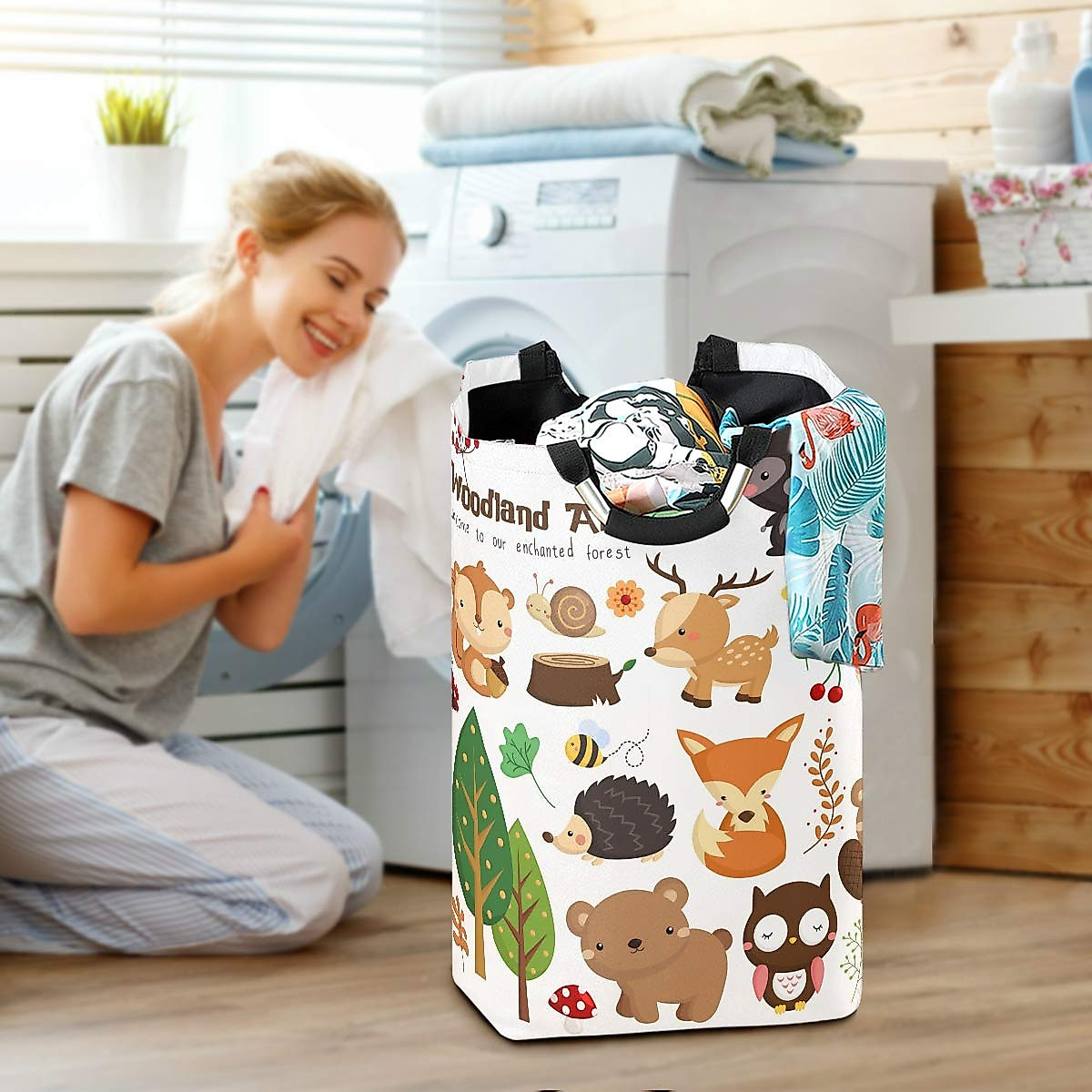 OREZI Woodland Animal Laudry Hamper,Waterproof and Foldable Laundry Bag for Storage Dirty Clothes Toys in Bedroom,Bathroom Dorm Room