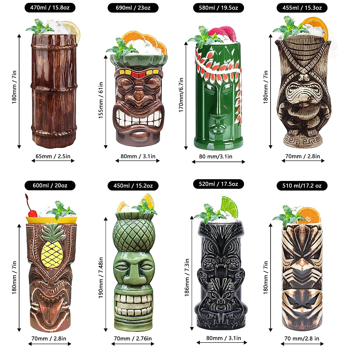 LINALL Tiki Mugs Cocktail Set of 8 - Tumblers Ceramic Hawaiian Luau Party Mugs Drinkware, Cute Exotic Cocktail Glasses, Tiki Bar Professional Hawaiian Party Barware, TKSET0017 (8pcs)