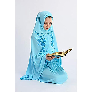 LAZWARD Prayer Dress for Girls, Muslim Girl-Prayer Long Dress Hijab Available for Age from 6-13 Years Old. (Light Blue, 6-7 Years)