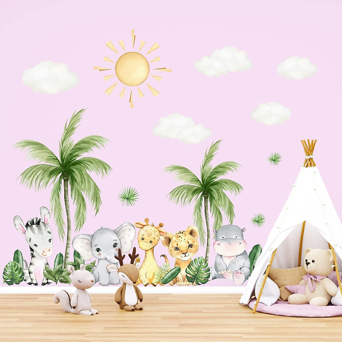 Cartoon Tree Animal Wall Stickers Safari Jungle Animal Wall Decals Cute Animal Wall Stickers Jungle Tree Wall Decals Zoo Animal Wall Stickers for Baby Room Nursery Living Room