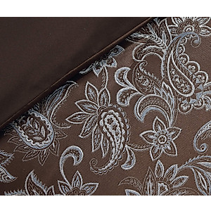 Chezmoi Collection Tuscany 7-Piece Blue Brown Paisley Floral Jacquard Comforter Bedding Set, King Size