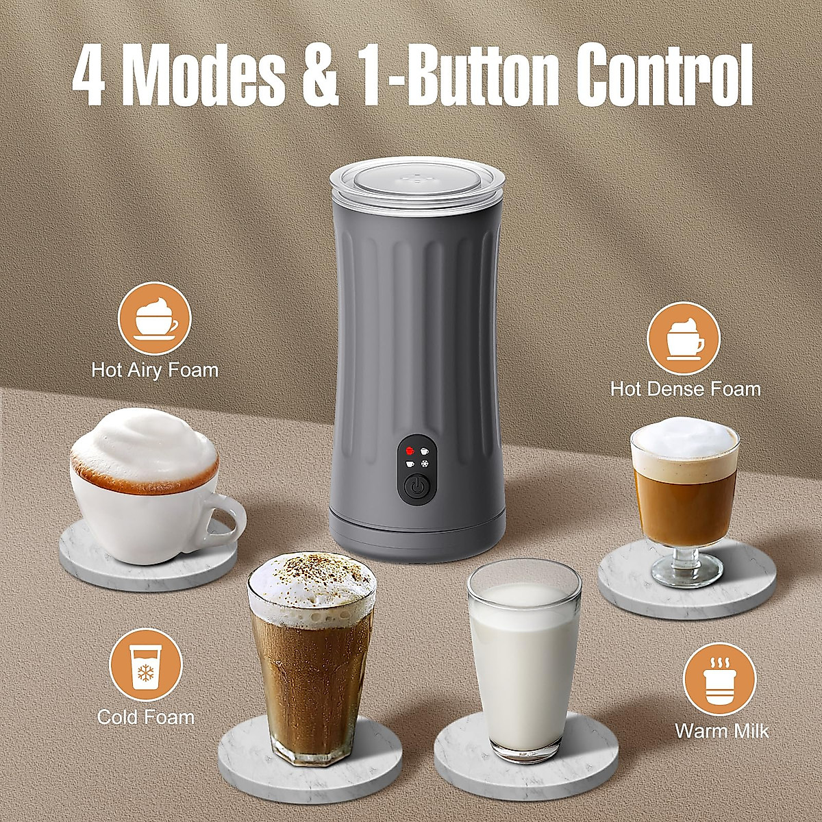 Ovetedot Milk Frother, 4-in-1 Milk Frother and Steamer, 240ml/8.1oz Automatic Hot and Cold Foam Maker, Electric Milk Frother for Coffee, Latte, Cappuccino, Matcha, Hot Chocolate(Gray)