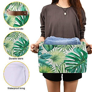 Palm Leaves Storage Basket Bin Summer Palm Tree Large Fabric Toys Storage Cube Box with Handles Collapsible Closet Shelf Cloth Organizer Basket for Nursery Bedroom