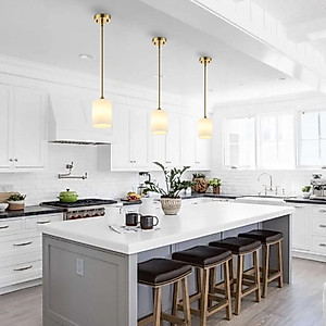 BYOLIIMA Modern Gold Pendant Light 3 Pack Brushed Brass Mid Century Chandelier White Cylinder Glass Shades Adjustable Rods Farmhouse Ceiling Hanging Lighting Fixture Kitchen Island Dining Room Bedroom