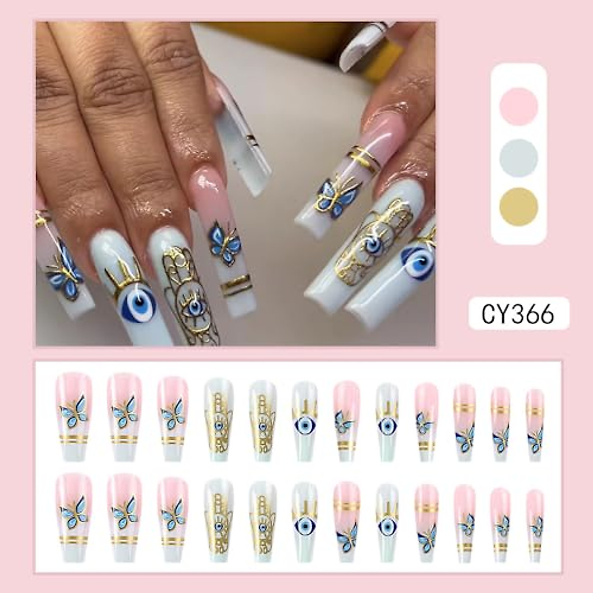 Fall Press on Nails Long Square Fake Nails with Eyeball and Butterfly Designs Acrylic Nails Autumn Glossy False Nails White Glue on Nails for Women 24PCS