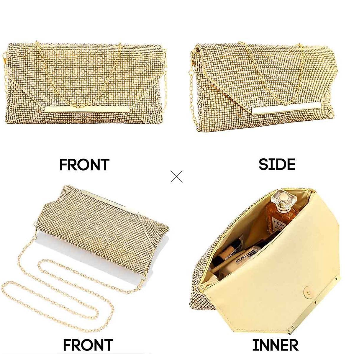 Barode Handbags for women Rhinestone Clutch Purses Gold Rhinestone Shoulder Bag Envelope Crossbody Bags Wedding Handbags (Gold)
