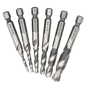Saiper 6pcs Drill Tap Combination Bit Set (1/8''-3/8'') with 1/4" Hex Shank, HSS 4341 Drill Tap Countersink Screw Thread Bits