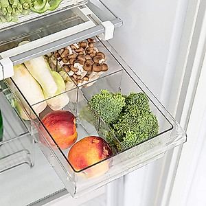 Simfree Pull Out Fridge Drawer,Fridge Drawer Organizer,Refrigerator Drawer Organizer,Pull Out Shelf Storage Transparent Organizer for Egg,Fruit,Vegetable,Seafood,Beef-4 compartments