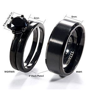 Ringcrown 2 Rings Couple Rings Bridal Sets Black Cz Womens Wedding Ring Sets Titanium Steel Man Wedding Bands