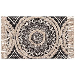 Seavish Tufted Cotton Rug, 2X3 Black Mandala Boho Rug, Hand Woven Bohemian Throw Rugs, Shag Accent Fringe Tassel Rug for Bedroom Bedside Kitchen, Laundry Room Rug
