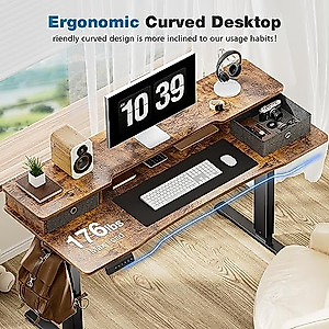 DUMOS Adjustable Height Electric Sti to Standing Desk with Drawer,63 x 24 in Ergonomic Computer Table with Splicing Board, Wire Hole and Hook for Workstation for Home, Office, Rustic Brown & Shelf