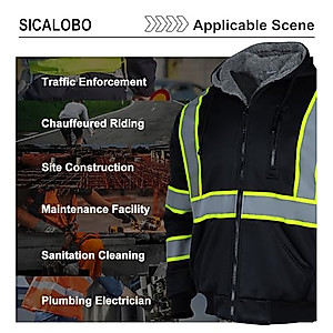 Sicalobo Men's High Visibility Fleece Lined Safety Hoodie,Reflective Winter Bomber Jacket,Hi Vis Construction Workwear(Black,2XL)