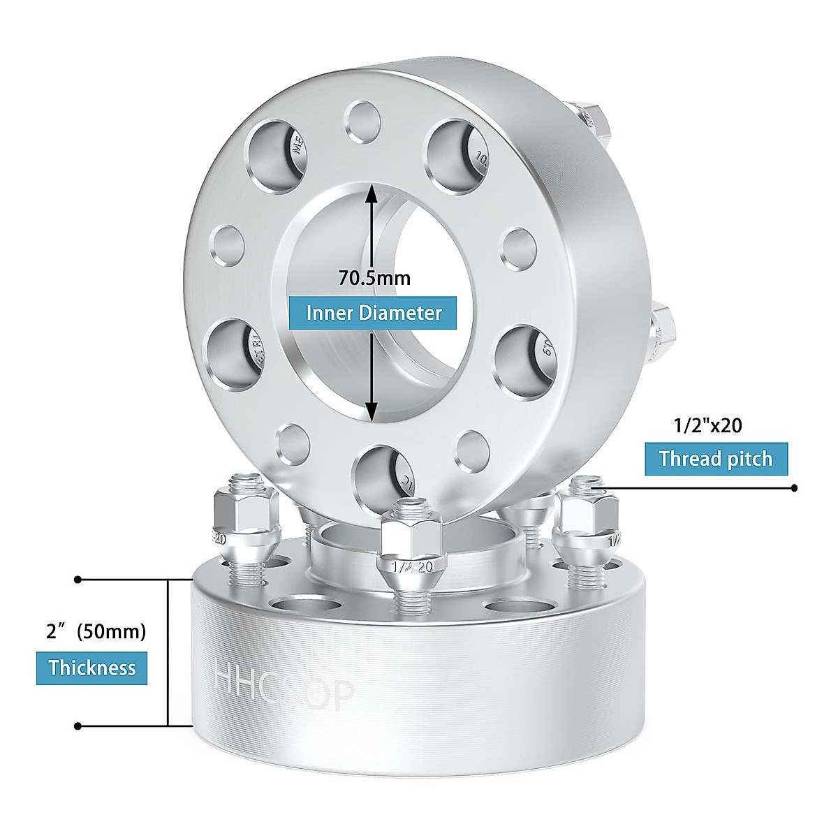 HHCSOP 5x4.5 Wheel Spacers 2 inch, Compatible with Ford Mustang Ranger Edge Explorer Crown Victoria | Lincoln Aviator Town Car Mark 7, 2PCS 5x114.3 Wheel Adapters Hub Bore 70.5mm with 1/2" x20 Studs