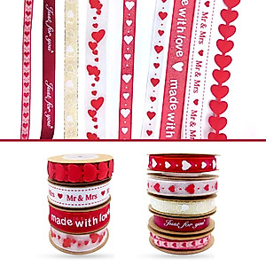 changsha 9 Rolls Hearts Ribbon Set - Valentine's Day Mother's Day Satin Ribbon, Printed Heart Ribbons for Gift Wrapping, Wedding Birthday Party Decorations, Crafts DIY Supplies (Valentine)