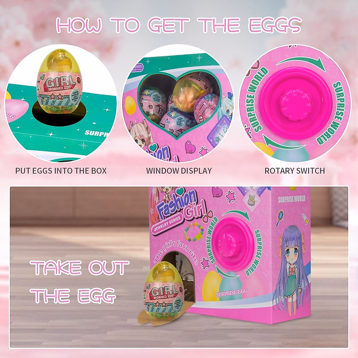 WDSMNAERW Mini vending machine toys, 12 oversized jewelry surprise eggs and 24 limited edition dolls, hatching popular Easter egg hunt toys for boys and girls aged 3-5, toddler birthday playset