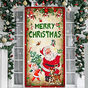 Vintage Christmas Decorations Merry Christmas Door Cover Backdrop with Santa Claus Elk Christmas Tree Hanging Banner for New Year Indoor Outside Front Door Party Supplies