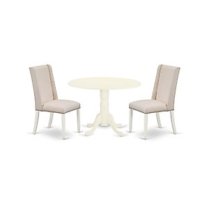 East West Furniture DLFL3-WHI-01 3 Piece Kitchen Table Set Contains a Round Dining Room Table with Dropleaf and 2 Cream Linen Fabric Upholstered Chairs, 42x42 Inch, Linen White