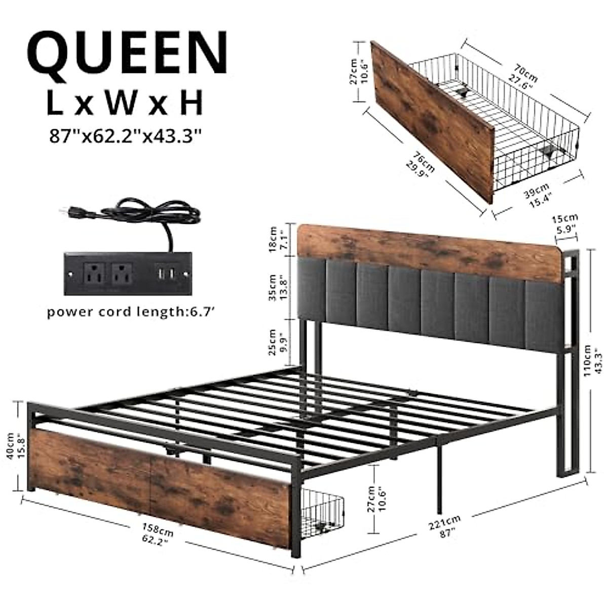 LIKIMIO Queen Bed Frame, with Storage Headboard, Drawers, LED Light, Charging Station, Sturdy, Noiseless, No Need Box Spring, Easy to Assemble