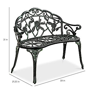 Best Choice Products Outdoor Bench Steel Garden Patio Porch Loveseat Furniture for Lawn, Park, Deck Seating w/Floral Rose Accent, Antique Finish - Black/Green