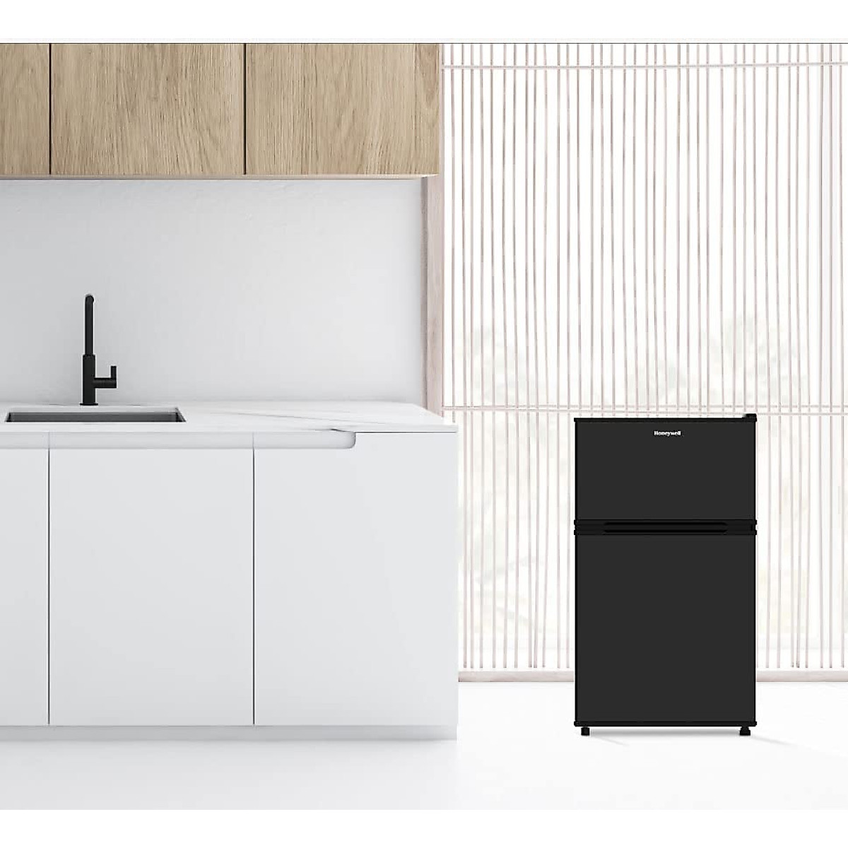 Honeywell 3.1 Cu Ft Mini Fridge with Freezer, Double Door, Low noise, Compact Refrigerator for, Office, Dorm Adjustable Temperature, Stainless Steel