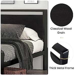 SHA CERLIN 14 Inch Queen Size Metal Platform Bed Frame with Wooden Headboard and Footboard, Mattress Foundation, No Box Spring Needed, Large Under Bed Storage, Without Noise, Black Oak