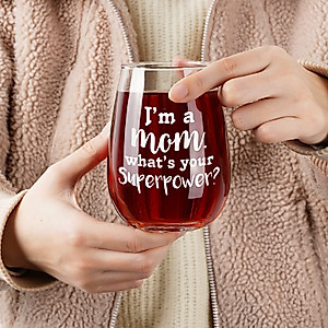 Gtmileo Mom Wine Glass - Funny I'm a Mom What's Your Superpower Stemless Wine Glass, Unique Mother's Day Gift for Mom, New Mom, Mama, Women, Gag Gift Idea for Mother's Day, Birthday, Christmas, 15Oz