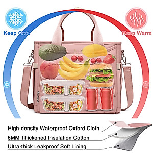 AIJIEKE Lunch Bag for Women, Insulated Lunch Box Tote Bag for Work, Extra Large Wide Open Leak Proof Cooler Bag with Shoulder Strap & Side Pockets for Picnic Hiking Beach, Pink